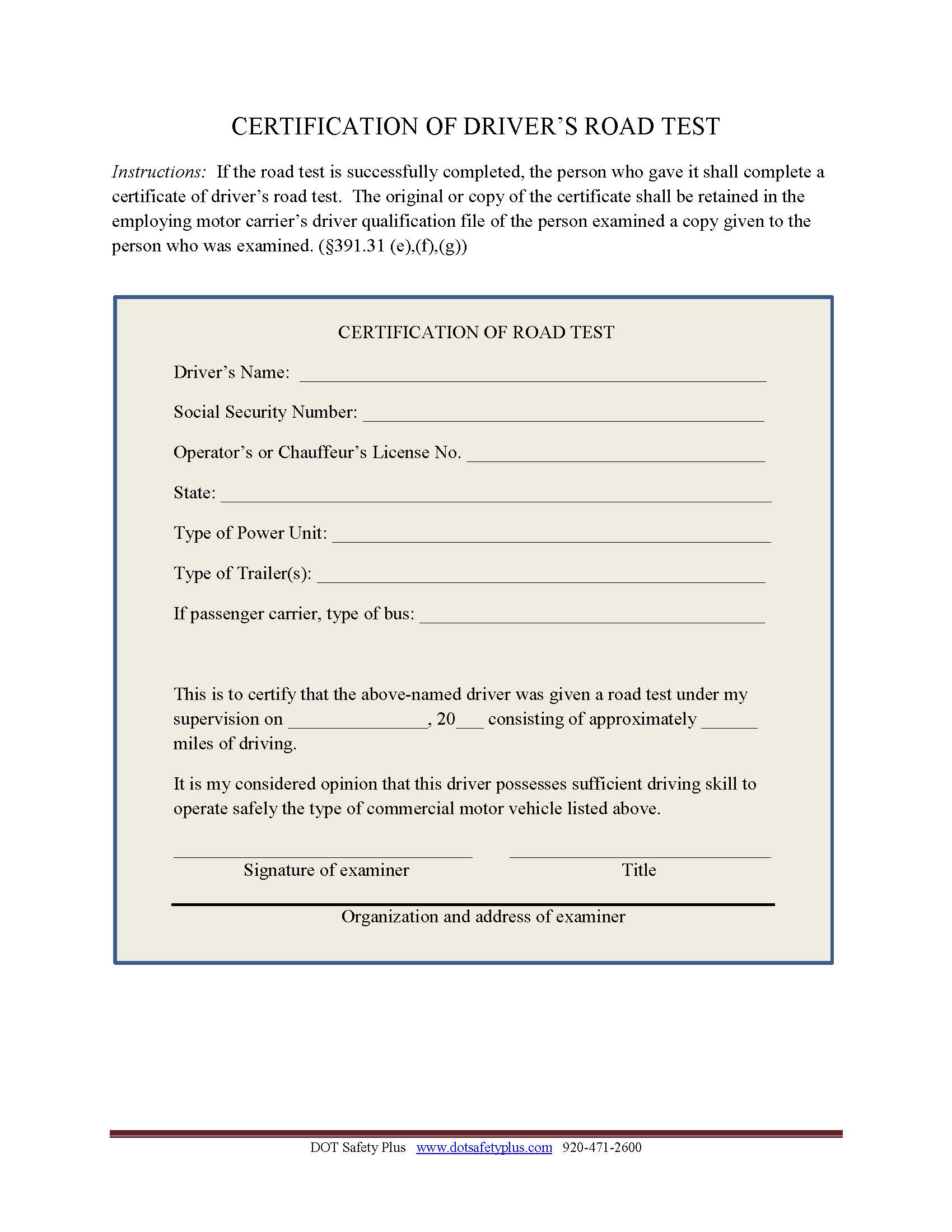 Certificate Of Driver Road Test DOT Safety Plus Certificate Of Driver Road Test DOT Safety Plus
